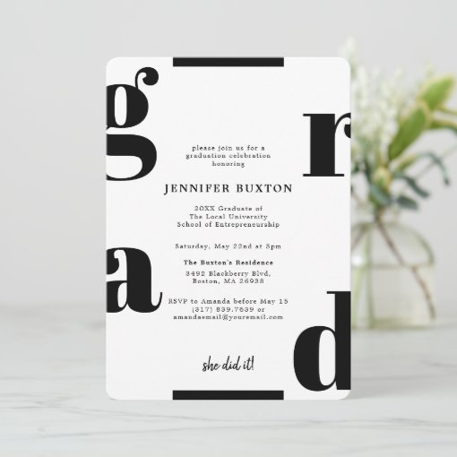 Grad Modern Chic Black and White Graduation Party Invitation | Zazzle