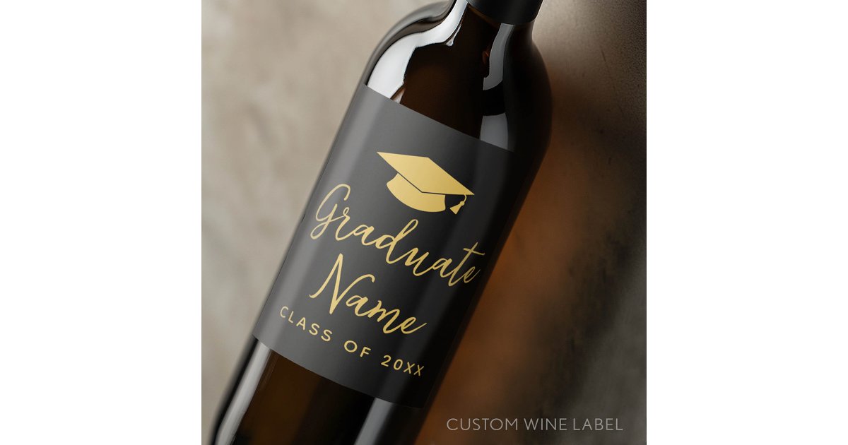 Grad Name Script with Cap - Black Gold Graduation Wine Label | Zazzle