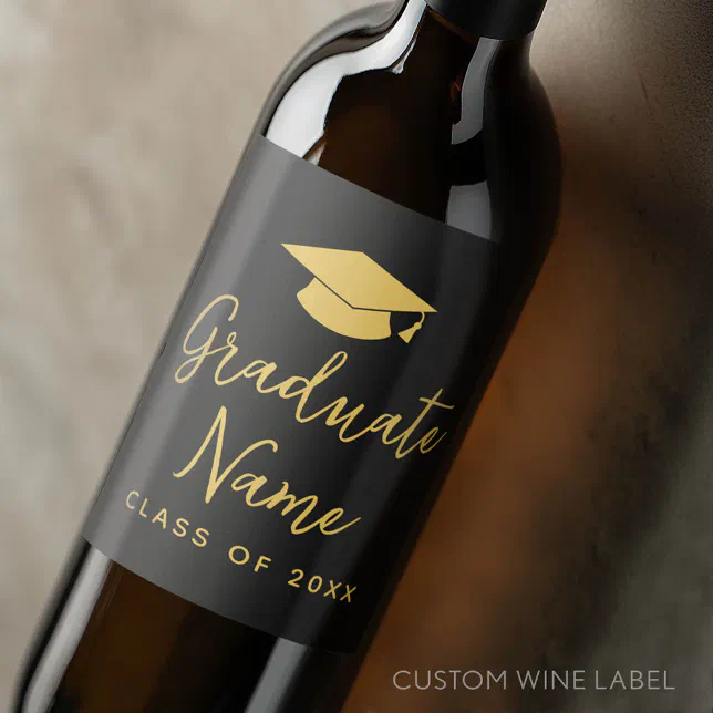 Grad Name Script with Cap - Black Gold Graduation Wine Label | Zazzle