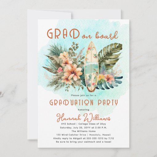 Grad on Board Tropical Surf Graduation Party Invitation | Zazzle
