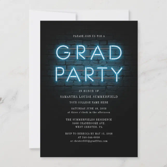 Grad Photo Blue Neon Sign Graduation Party Invitation | Zazzle
