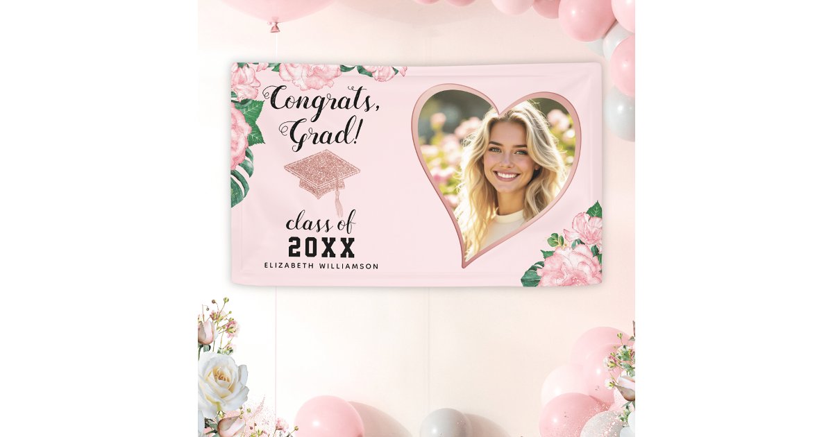 Grad Photo Class 2025 Blush Pink Floral Graduation Banner | Zazzle