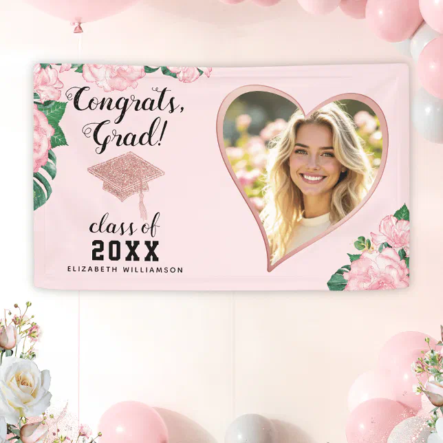 Grad Photo Class 2025 Blush Pink Floral Graduation Banner | Zazzle