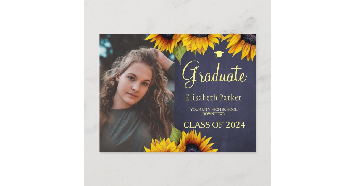 Grad photo gold sunflowers graduation announcement | Zazzle