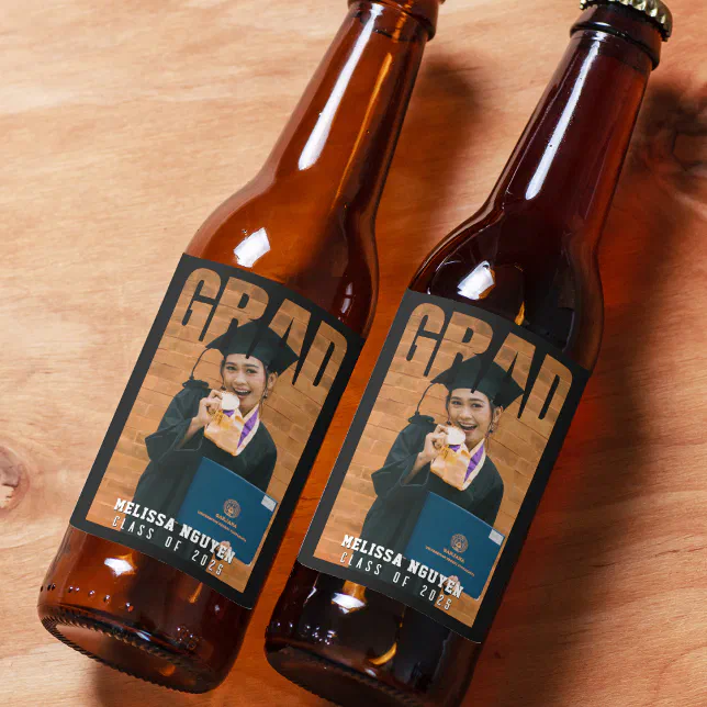 Grad Photo Graduation Black Beer Bottle Label | Zazzle