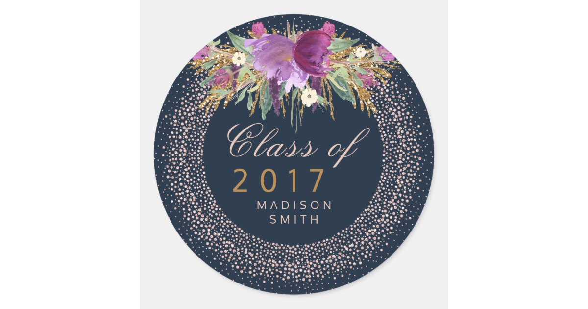 Grad Rose Gold Glitter Confetti Watercolor Flower Classic Round Sticker ...