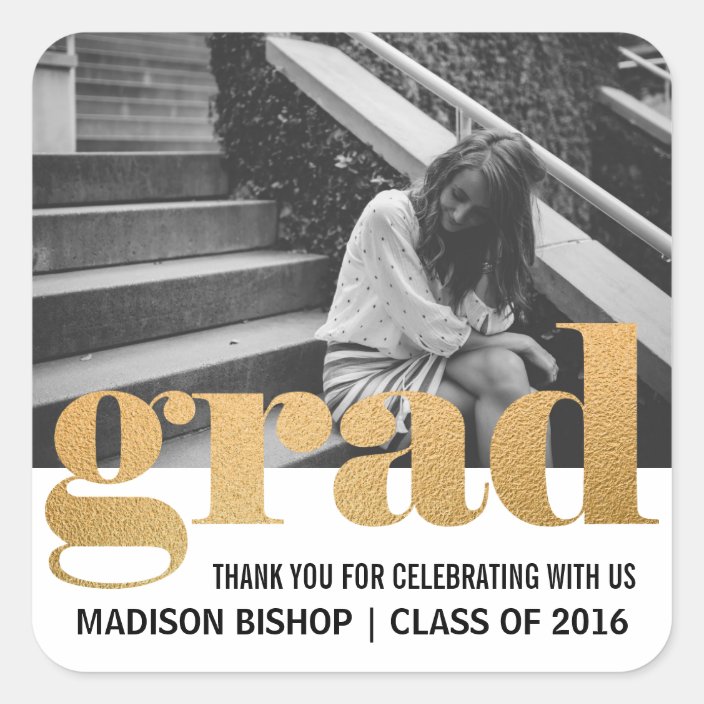 Grad Typography Faux Gold Foil Thank You Photo Square Sticker | Zazzle.com