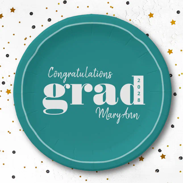 Grad Year Teal Modern Graduation Party Paper Plate | Zazzle