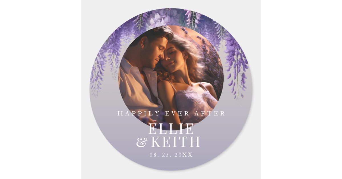 Gradient Purple Happily Ever After Photo Wedding Classic Round Sticker ...