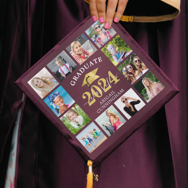 Graduate 12 Photo Collage Maroon Metallic Gold Graduation Cap Topper ...