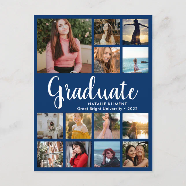 Graduate 13 Photo Collage Blue & White Graduation Announcement Postcard ...