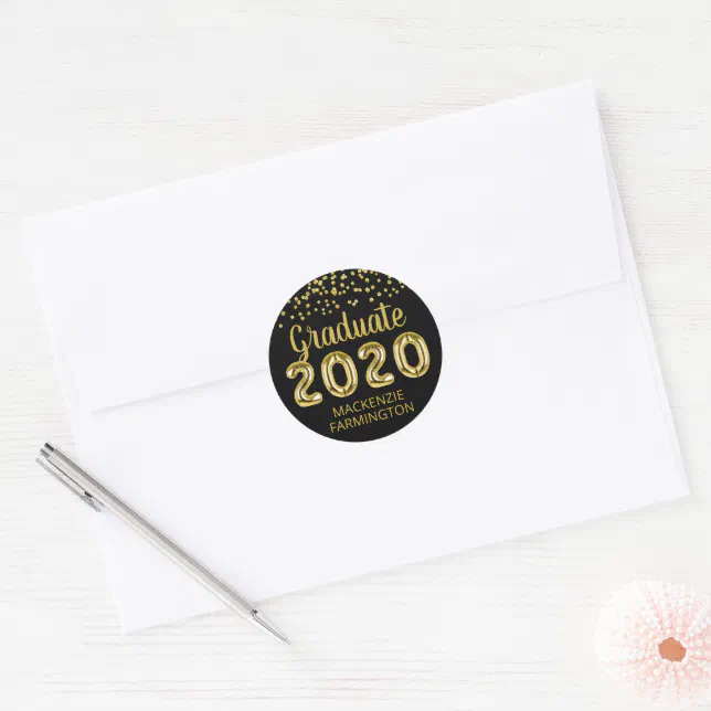 Graduate 2020 Balloon Letters Black Gold Confetti Classic Round Sticker ...