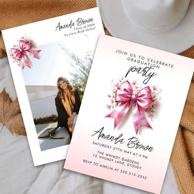 Graduate 2025 Pink Bow Elegant Floral Invitation | Zazzle