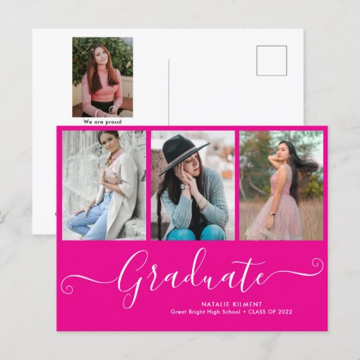 Graduate 3 Photo Collage Hot Pink Graduation Announcement Postcard | Zazzle