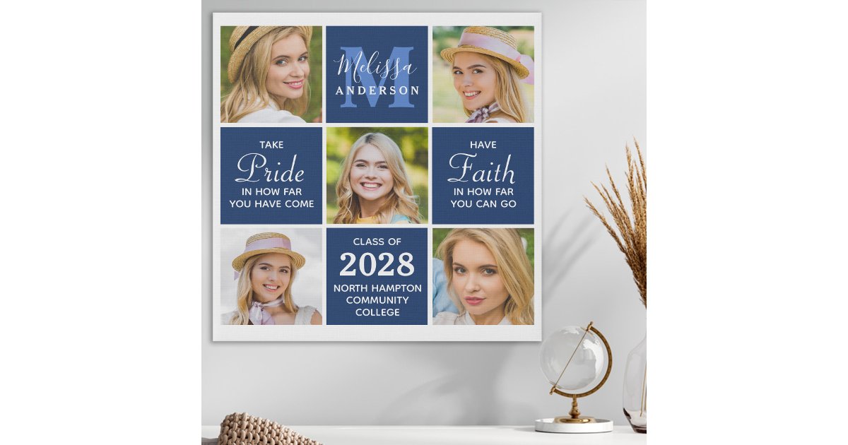 Graduate 5 Photo Collage Inspirational Navy Blue Faux Canvas Print | Zazzle
