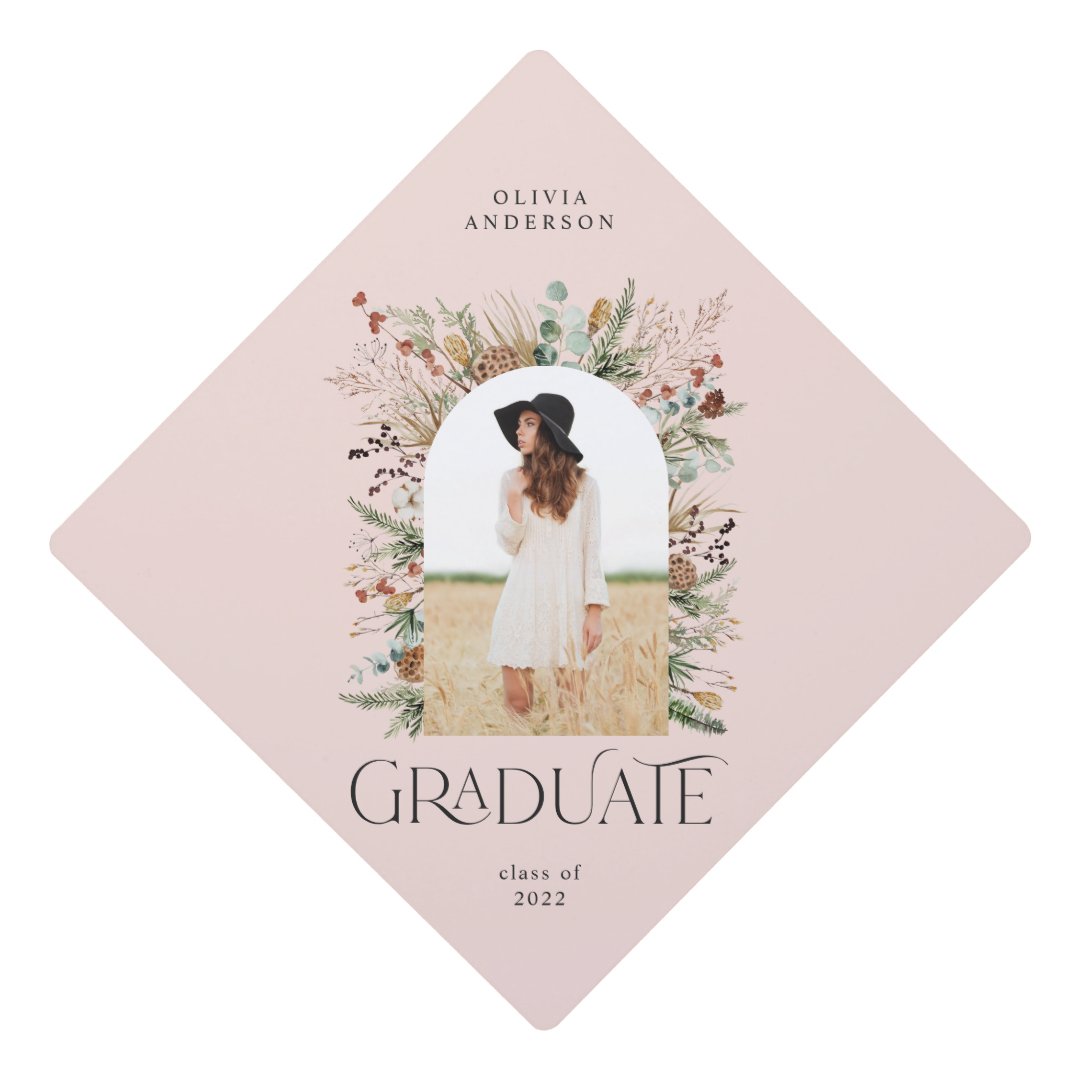 Graduate arch 1 photo pink botanical graduation cap topper | Zazzle