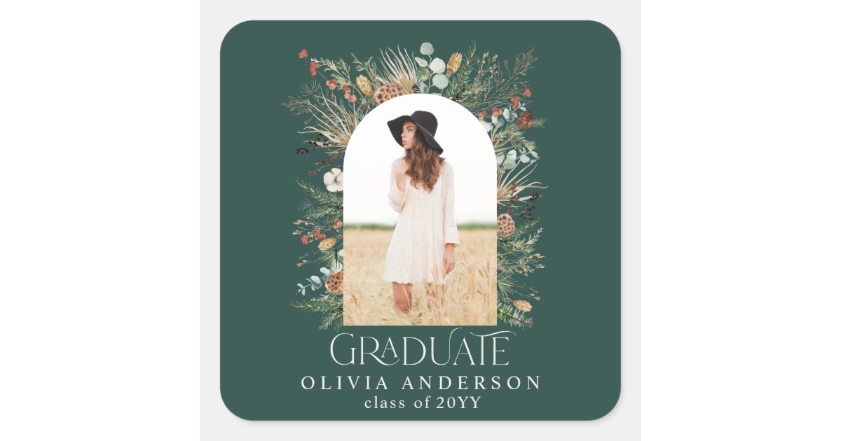 Graduate arch photo terracotta botanical green squ square sticker | Zazzle