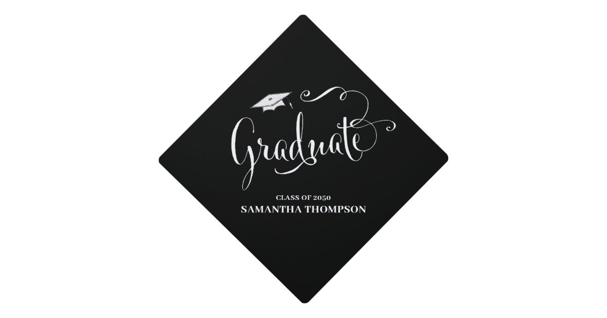 Graduate Black and White Simple Calligraphy Script Graduation Cap ...