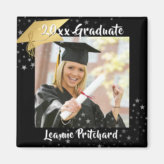 Graduate Black Gold Cap Brush Script Photo Stars Magnet | Zazzle
