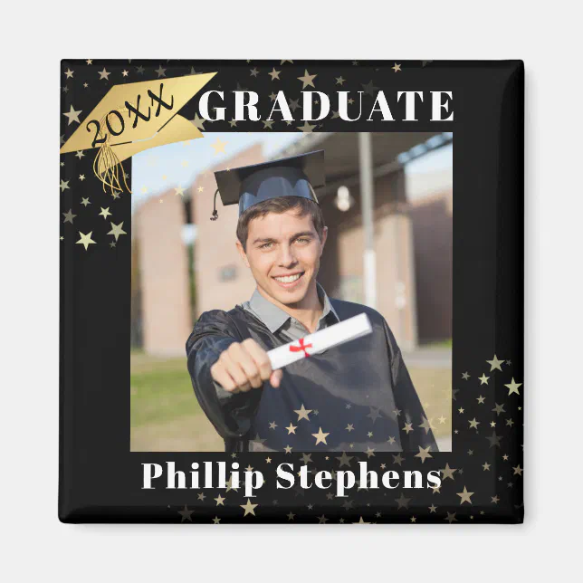 Graduate Black Gold Cap Photo Stars Your Color Magnet | Zazzle