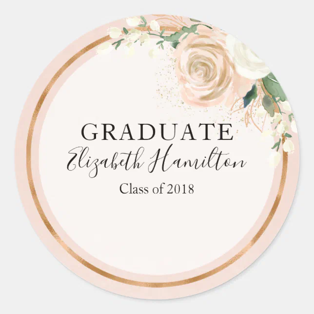 Graduate Blush & Rose Gold Modern Chic Floral Classic Round Sticker ...