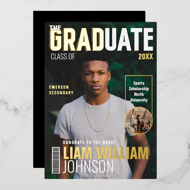 Graduate Bold Custom Grad Photo Magazine Cover Foil Invitation | Zazzle
