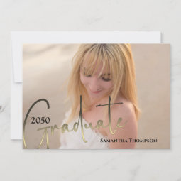 Graduate Calligraphy Script Black Gold Two Photo Invitation | Zazzle