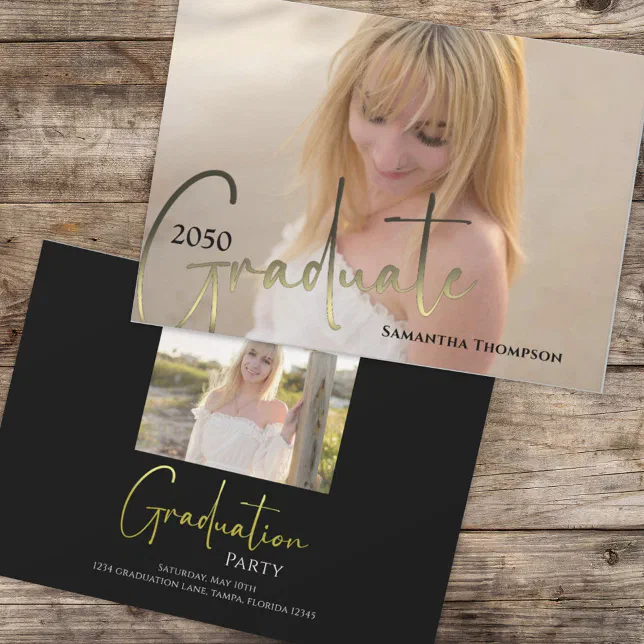 Graduate Calligraphy Script Black Gold Two Photo Invitation | Zazzle