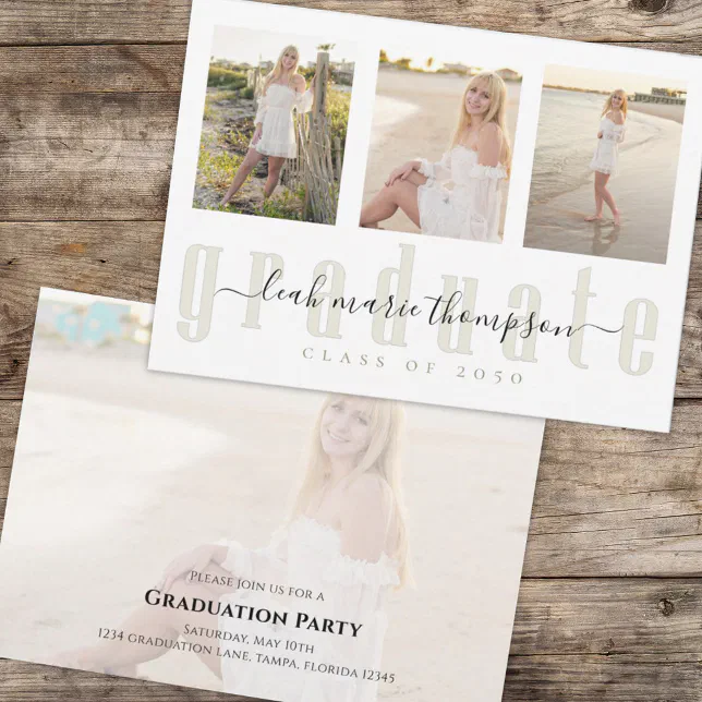 Graduate Calligraphy Script Gold Simple Four Photo Invitation | Zazzle