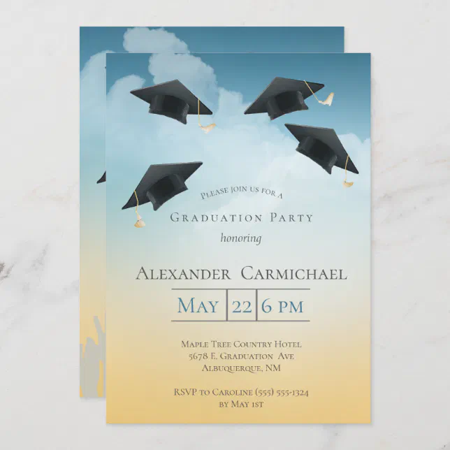 Graduate Caps in the air Modern Graduation Party Invitation | Zazzle