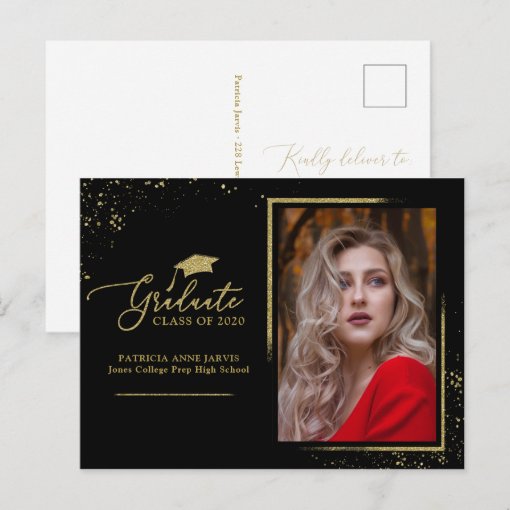 Graduate Chic Grad Announcement Gold Glitter Postcard | Zazzle