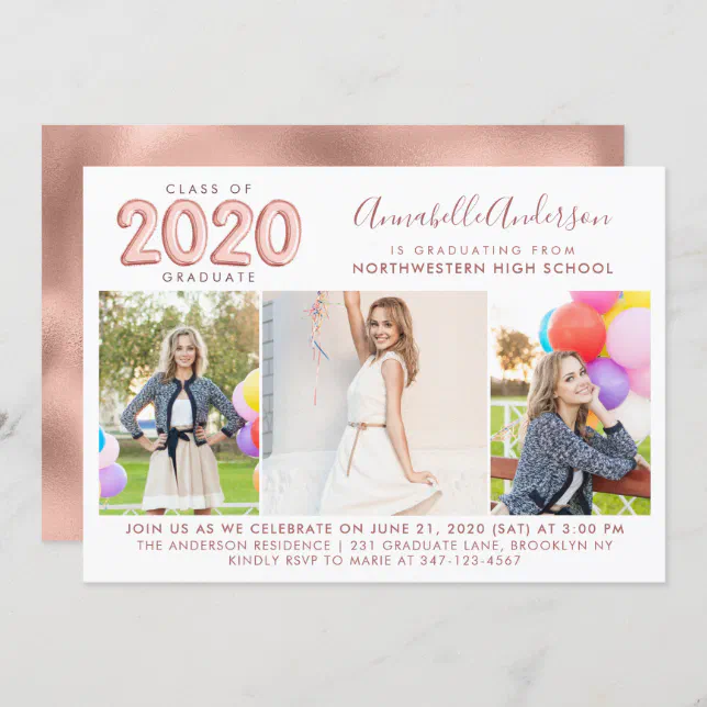Graduate Class 2020 Rose Gold Balloon Graduation Invitation | Zazzle