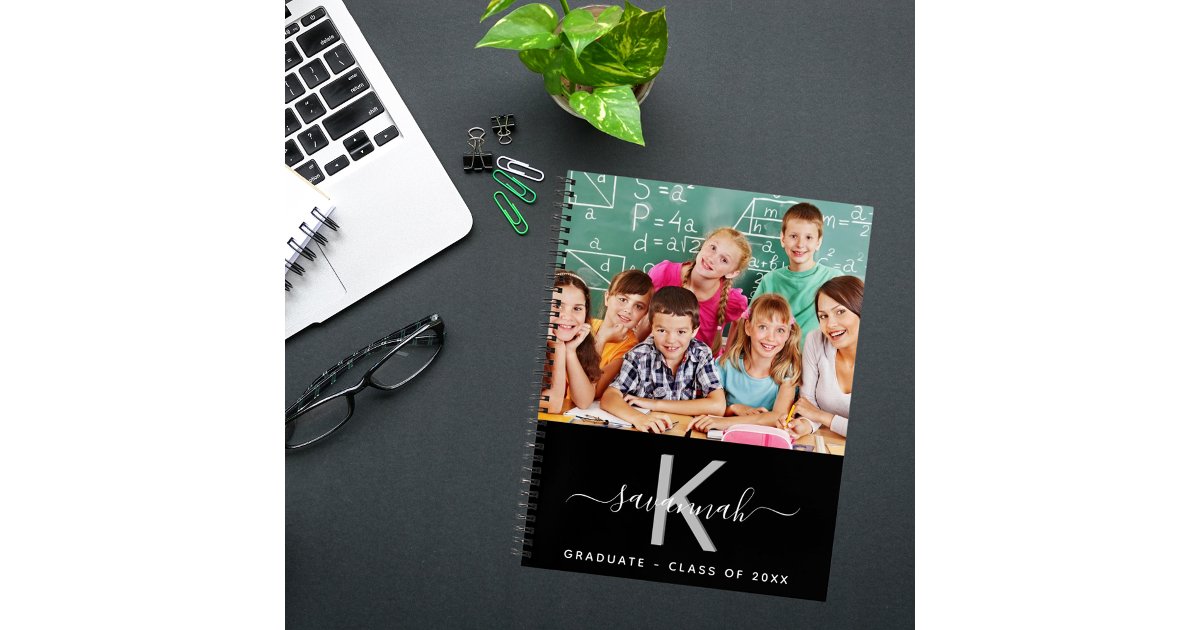 Graduate class 2024 photo black white monogram notebook | Zazzle