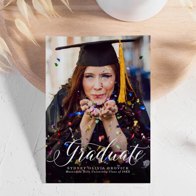 Graduate classic script red photo graduation announcement | Zazzle