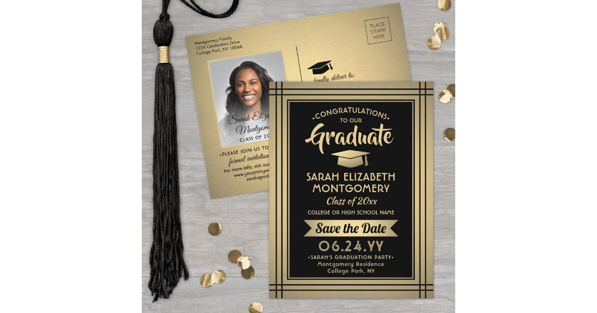 Graduate Congrats Black & Gold Save the Date Photo Announcement ...