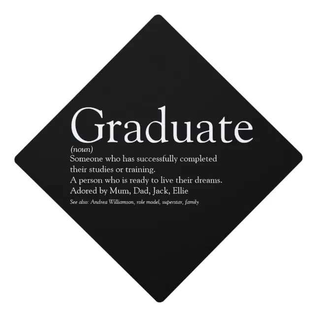 Graduate Definition Fun Modern Black And White Graduation Cap Topper ...