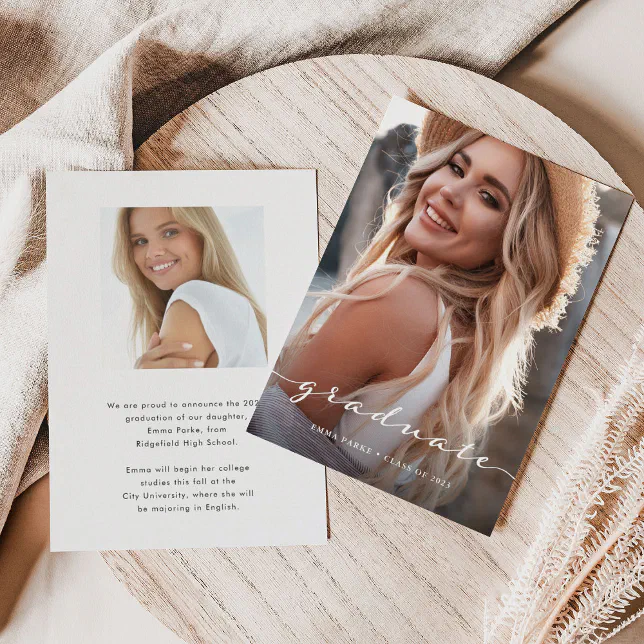 Graduate | Delicate Script and Two Photos Announcement | Zazzle