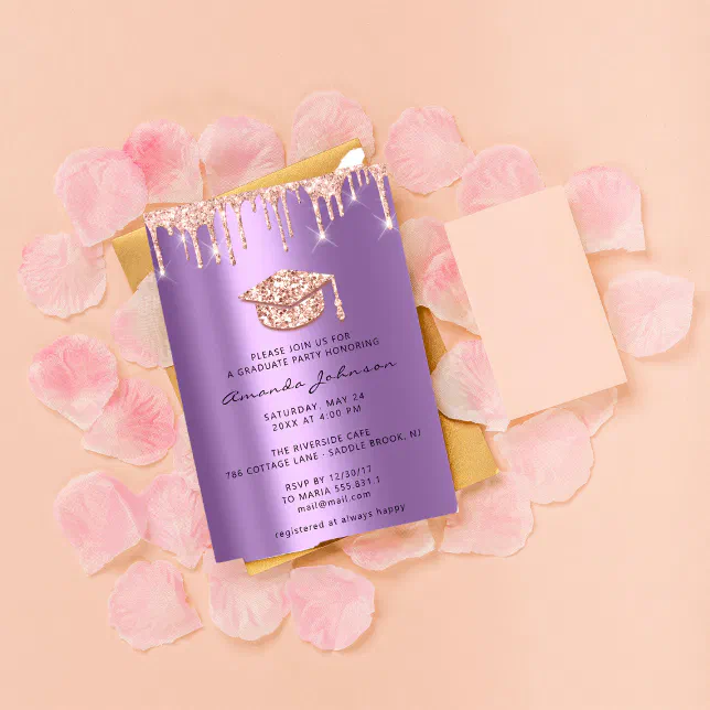 Graduate Drips Rose Gold Cap 3D Glam Purple Violet Invitation | Zazzle