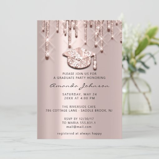 Graduate Drips Rose Powder Cap3D Effect Glam Invitation | Zazzle