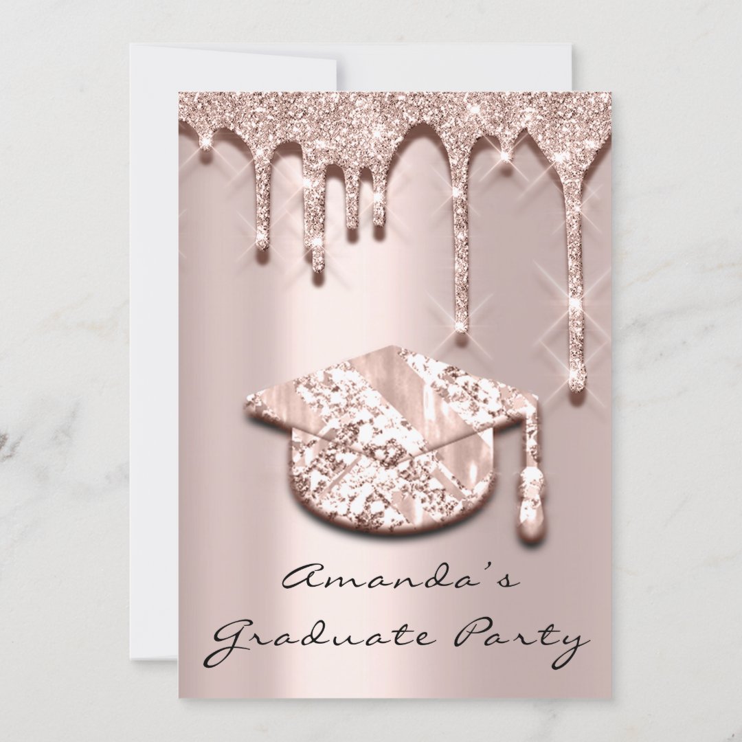 Graduate Drips Rose Powder Cap3D Effect Glam Invitation | Zazzle
