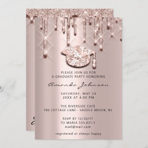 Graduate Drips Rose Powder Cap3D Effect Glam Invitation | Zazzle