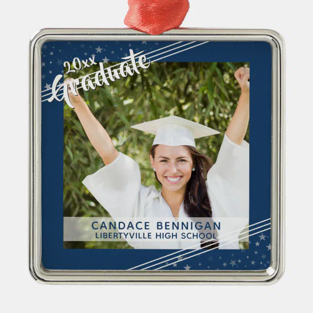 Graduate, Editable Blue, Lines & Stars Keepsake Metal Ornament | Zazzle