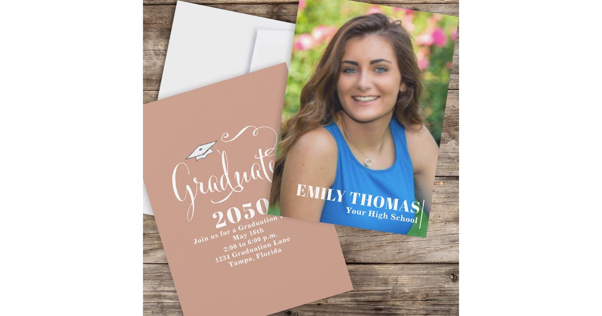 Graduate Elegant Calligraphy Script Tan Photo Invitation | Zazzle