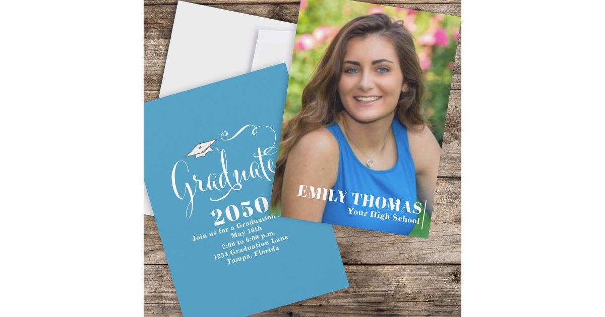 Graduate Elegant Calligraphy Script Teal Photo Invitation | Zazzle