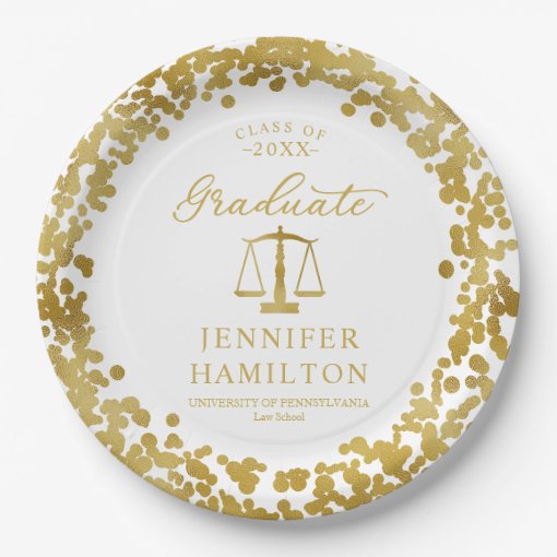 Graduate Elegant Gold White Law School Graduation Paper Plates | Zazzle
