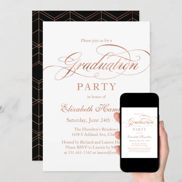 Graduate Foil Rose Gold Elegant Script Grad Party Invitation | Zazzle