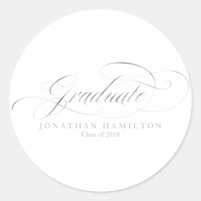 Graduate Foil Silver Elegant Script Graduation Classic Round Sticker ...