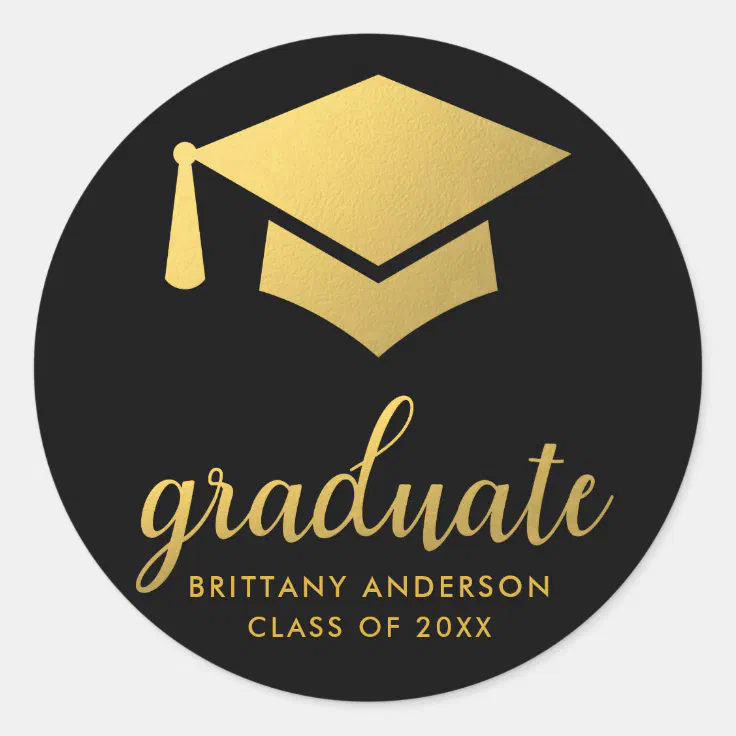 Graduate Gold and Black Classic Round Sticker | Zazzle