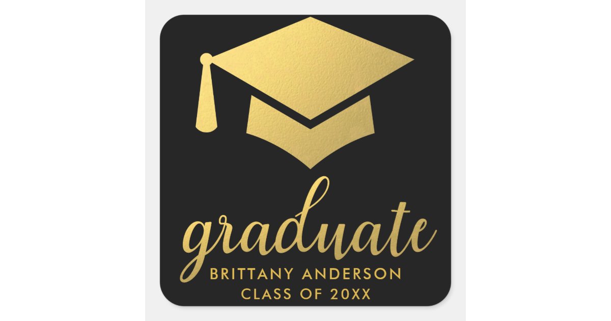 Graduate Gold and Black Square Sticker | Zazzle