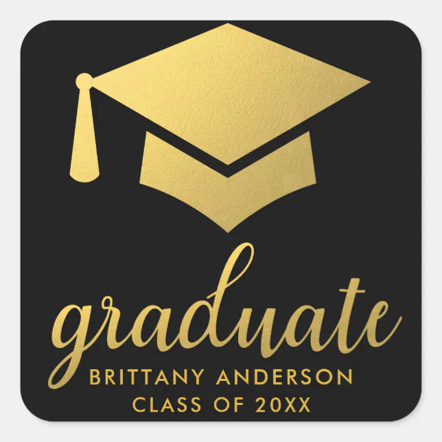 Graduate Gold and Black Square Sticker | Zazzle
